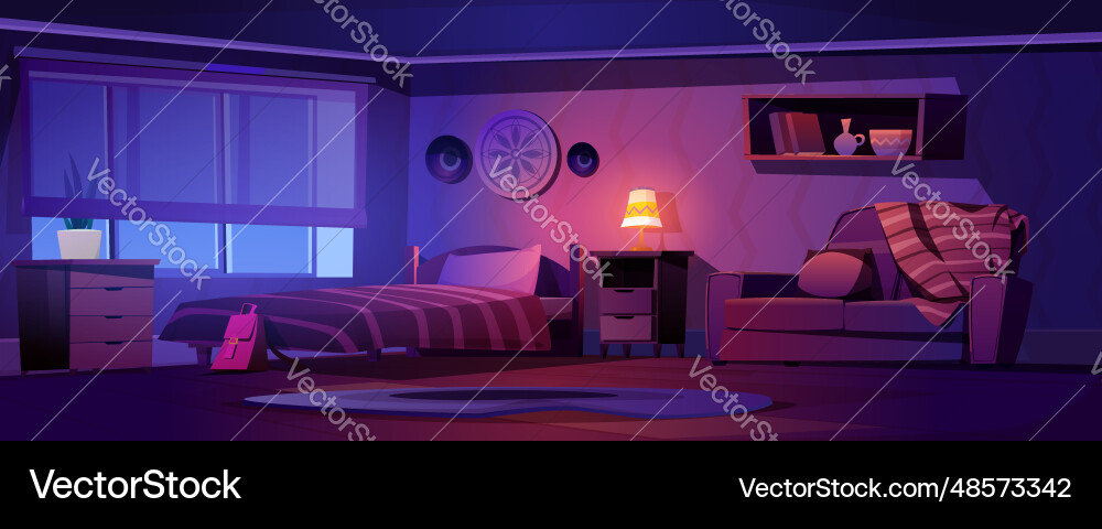 Night bedroom interior with bed and couch cartoon Vector Image