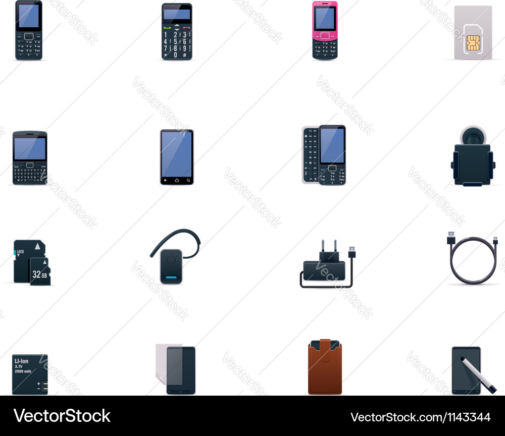 Cell phones and accessories icon set Royalty Free Vector