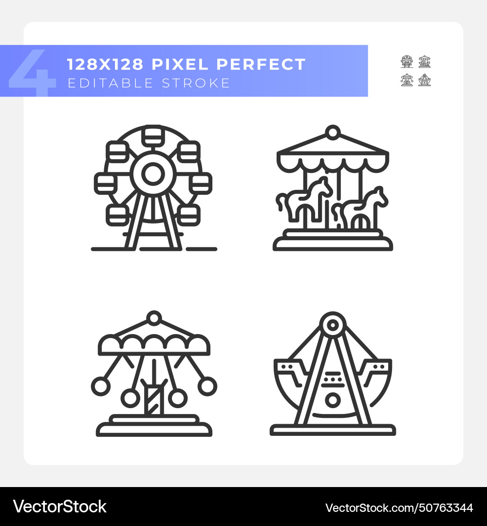 Fairground attractions pixel perfect linear icons Vector Image