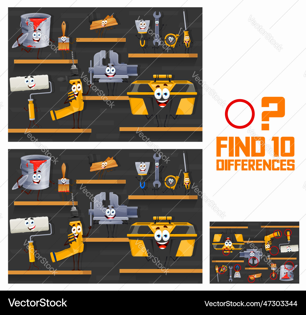 Find ten differences of cartoon repair work tools Vector Image