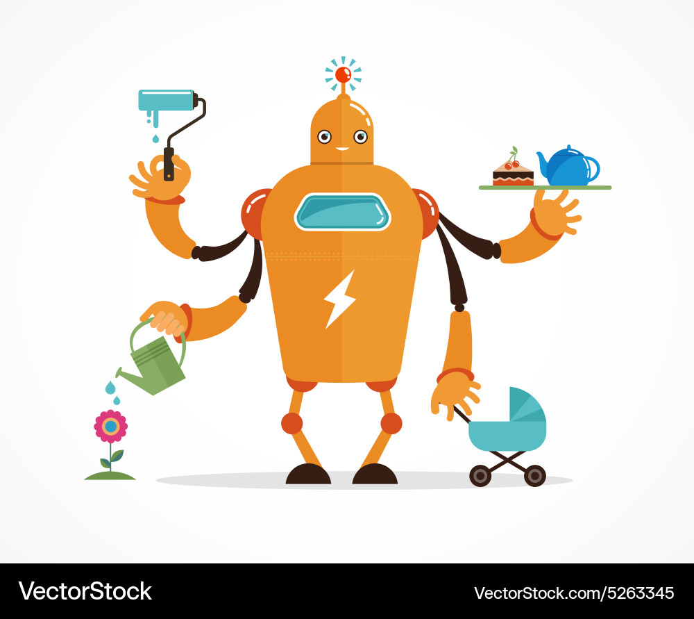 Multitasking robot character Royalty Free Vector Image