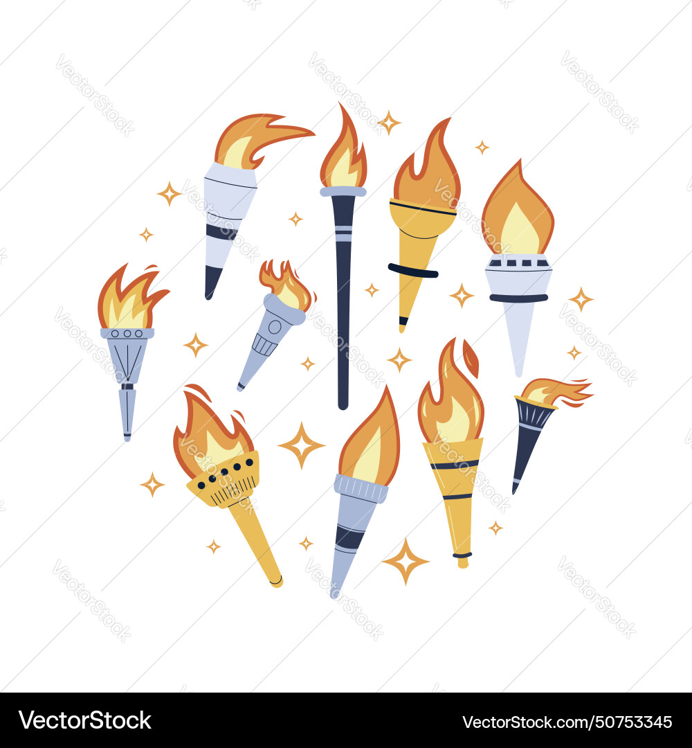 Round design torches with burning flame in hands Vector Image