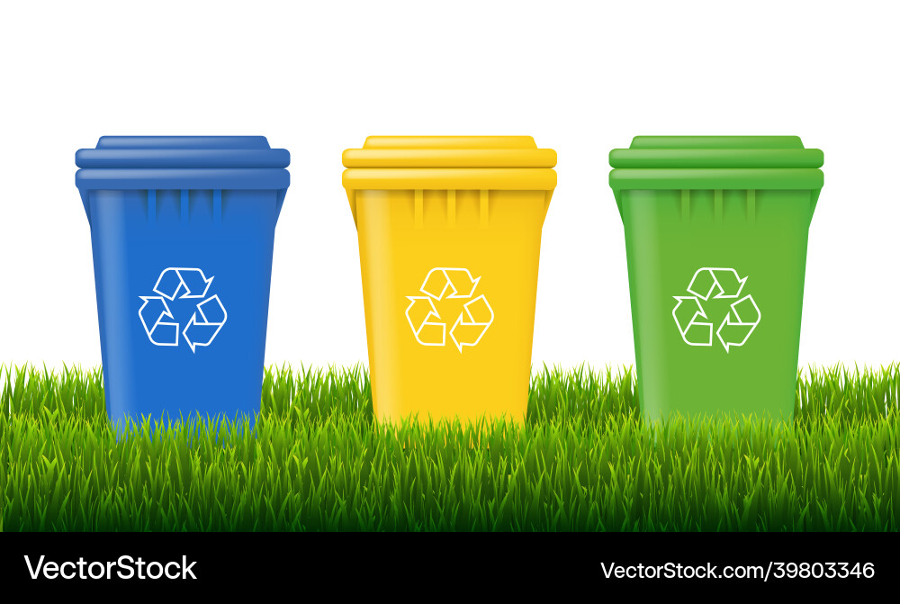 Trash cans with green grass border Royalty Free Vector Image