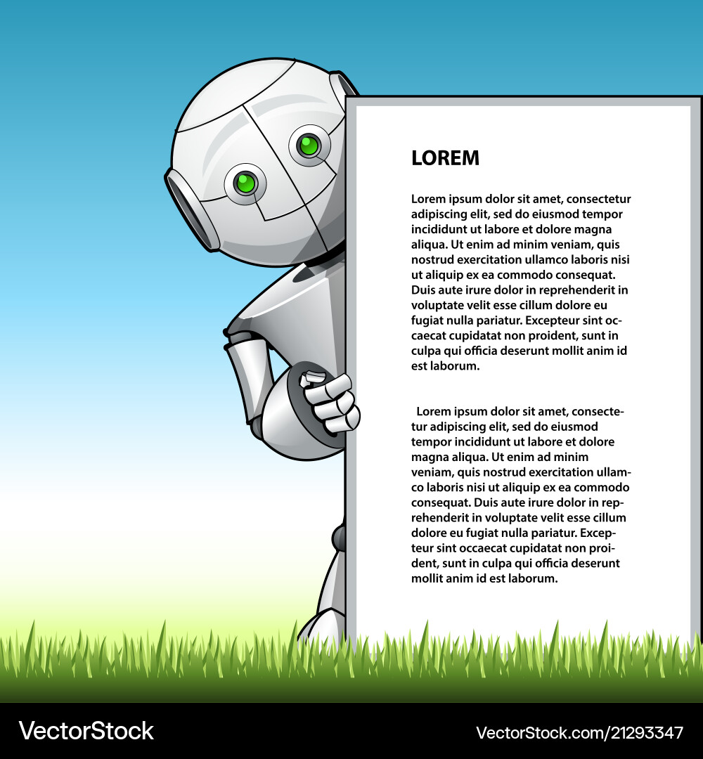 Funny kid robot showing advert board Royalty Free Vector