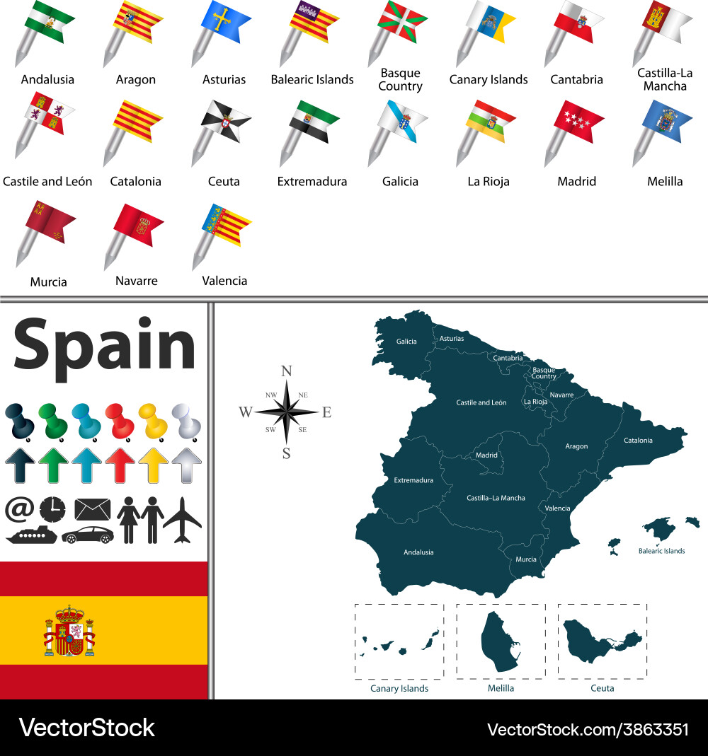 Spain map with flags Royalty Free Vector Image