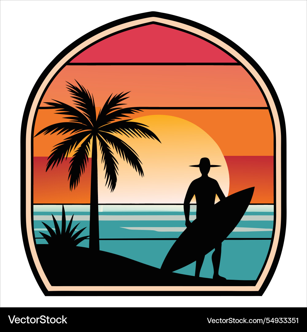 Tropical surfing sunset badge Royalty Free Vector Image