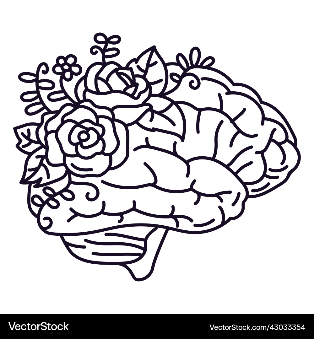 Brain and flowers stroke Royalty Free Vector Image