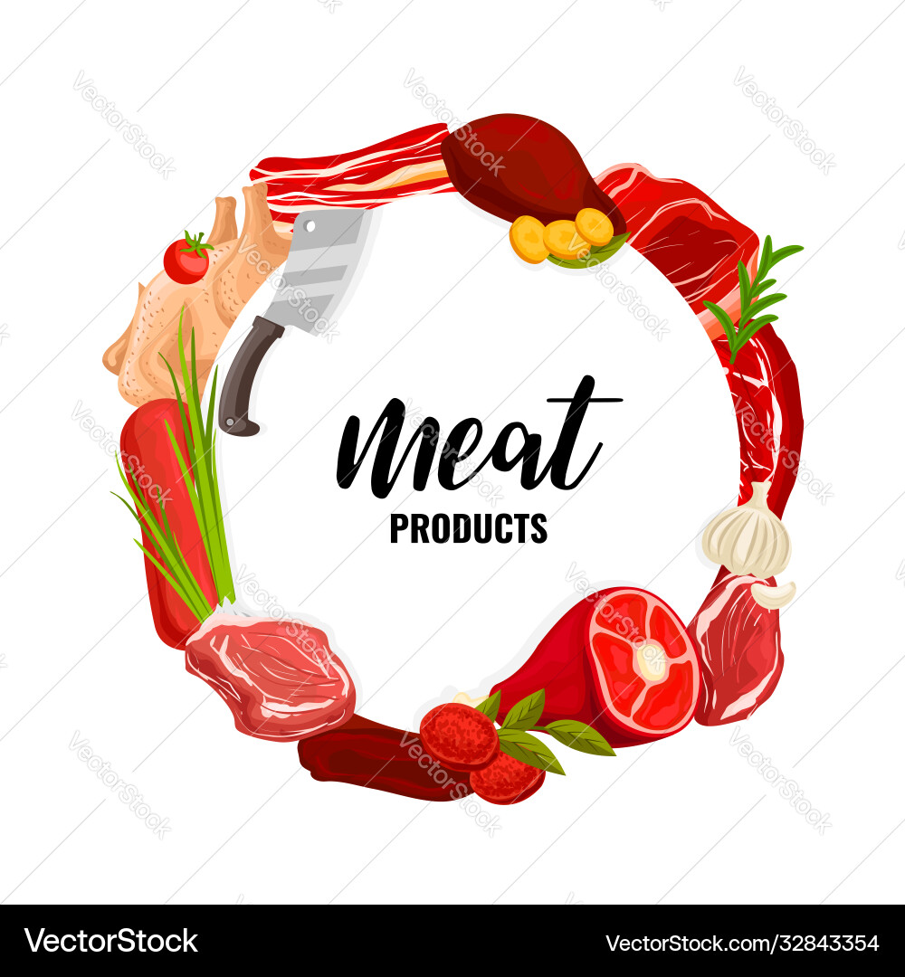 Butcher shop meat types round frame poster Vector Image