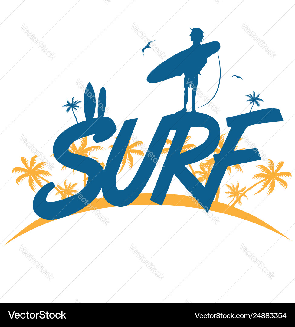 Surf lettering with surfer on palm tree background