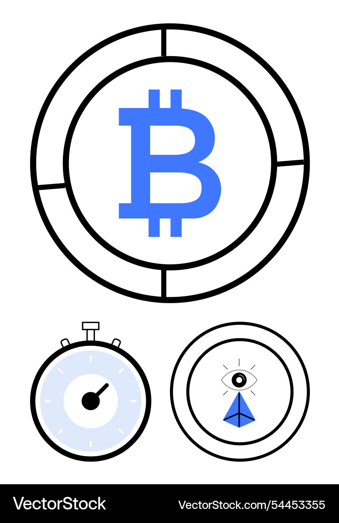 Bitcoin emblem with stopwatch and watchful eye Vector Image