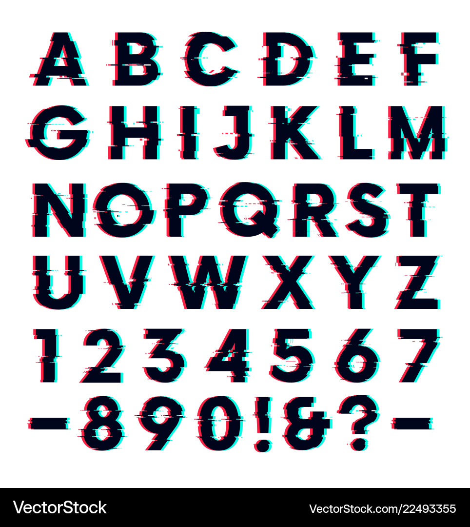 Glitch font with distortion effect letters Vector Image