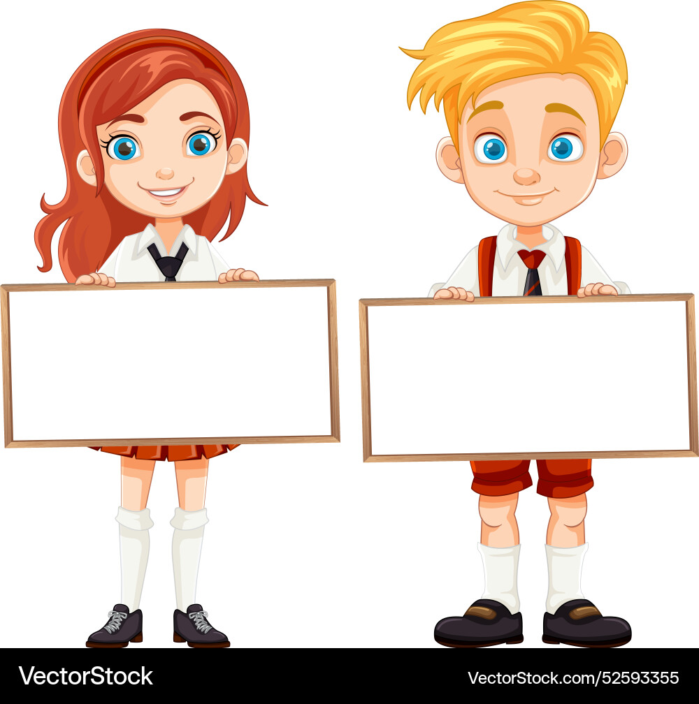 Two children holding blank signs smiling Vector Image