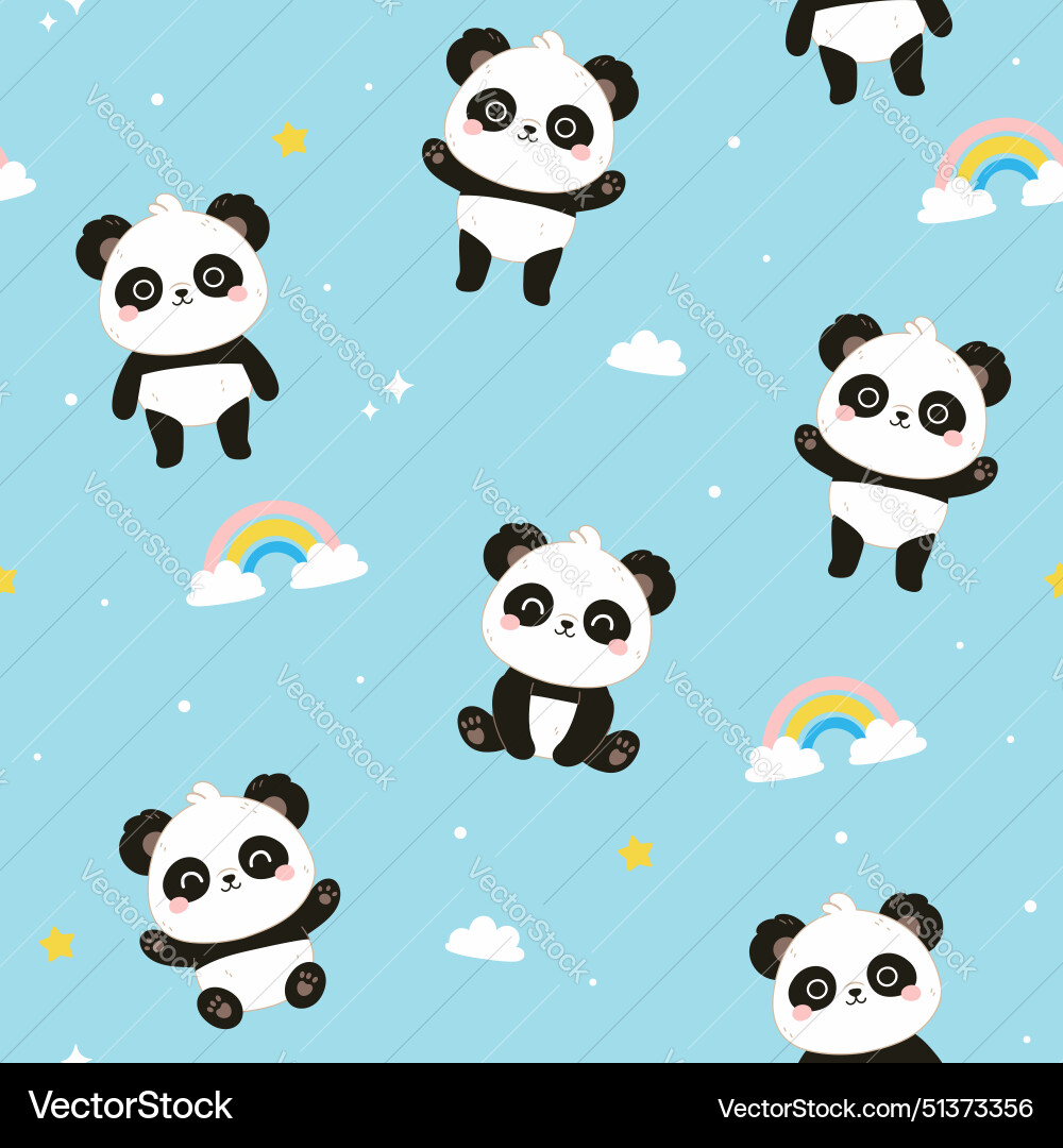 Seamless pattern with cute kawaii pandas rainbows Vector Image