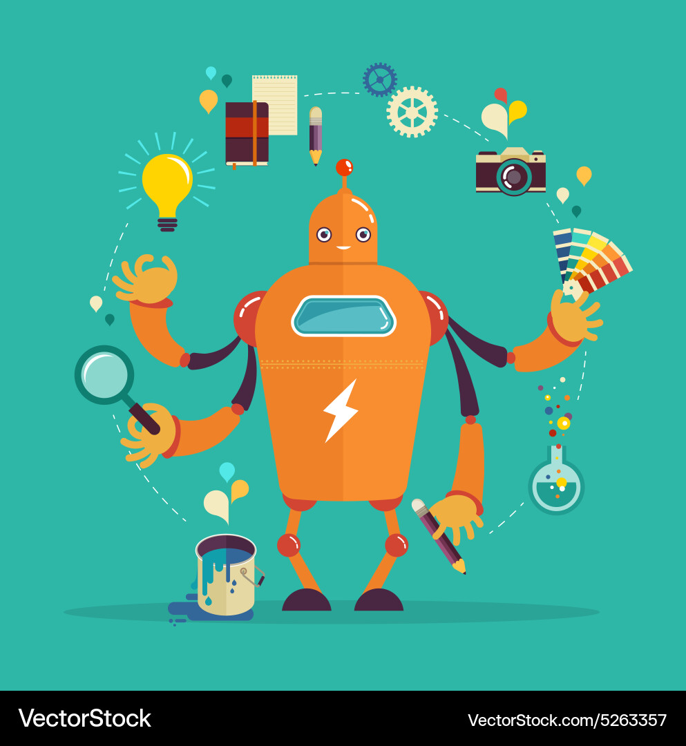 Robot graphic designer - creative thinking Vector Image