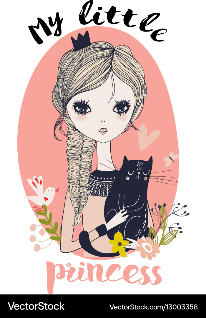 Cute little princess with black cat Royalty Free Vector