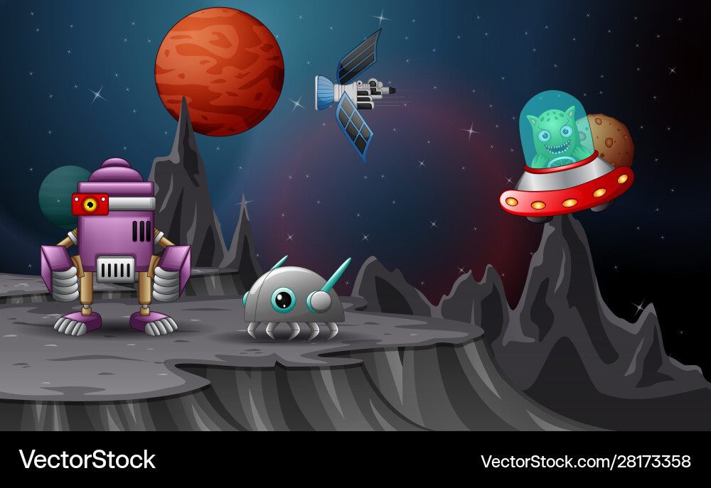 Space shuttles landed with robot on planet Vector Image