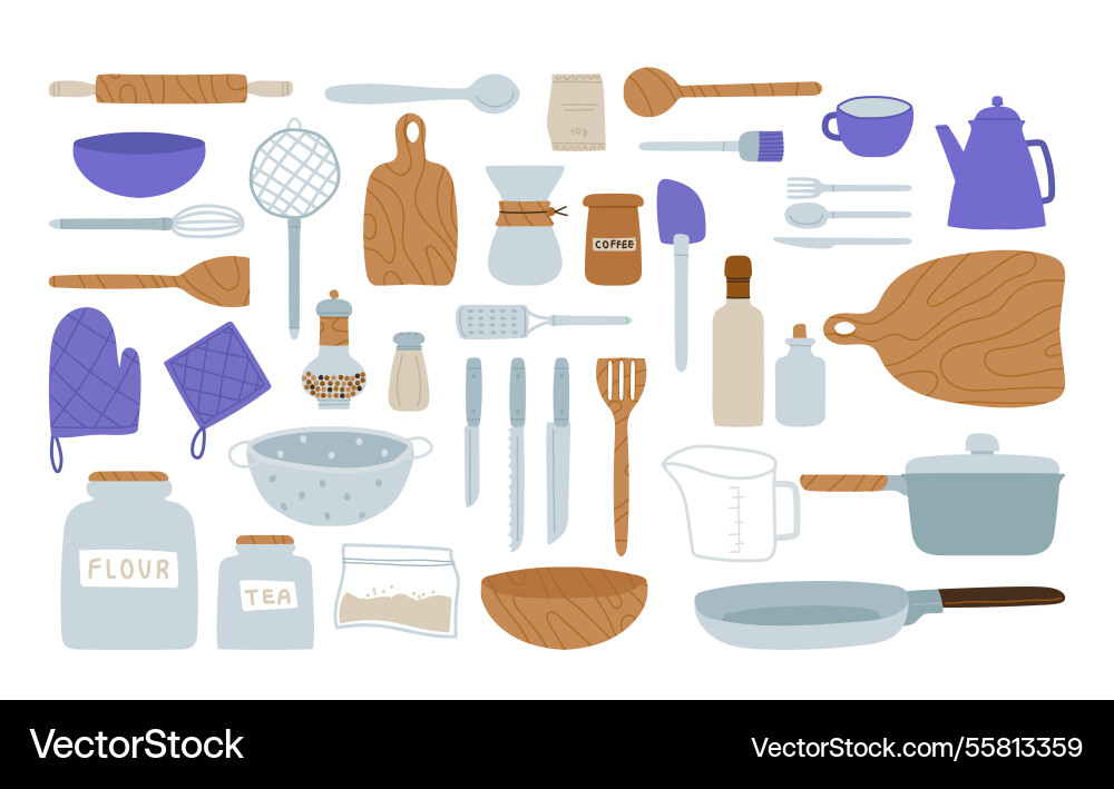 Various kitchenware items cooking supplies food Vector Image
