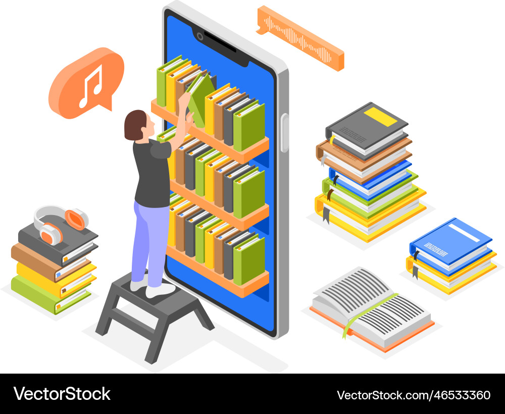 Audio books library composition Royalty Free Vector Image
