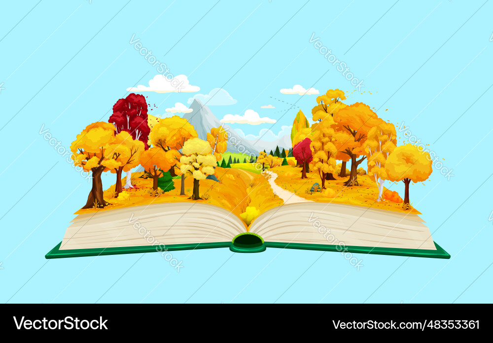 Cartoon opened book with autumn forest landscape Vector Image