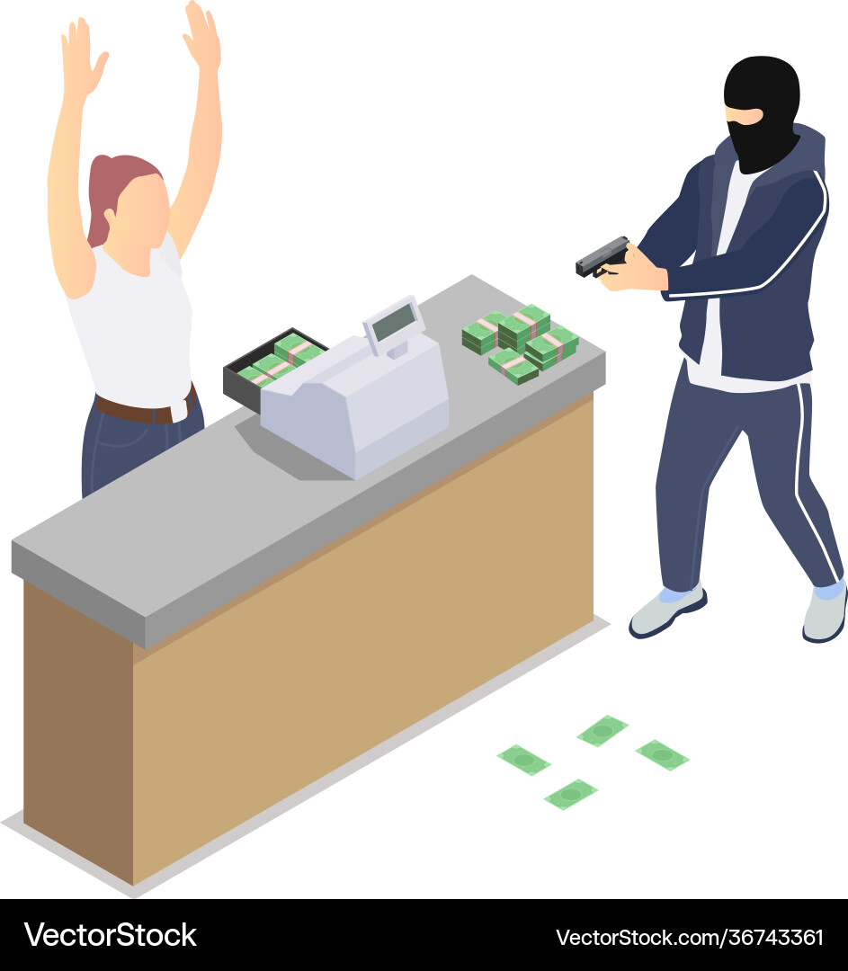 Cash robbery isometric composition Royalty Free Vector Image