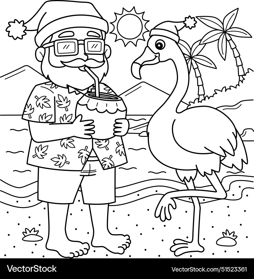 Christmas in july santa and flamingo coloring page