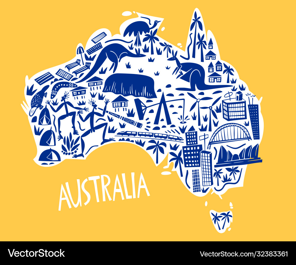 Hand drawn stylized map australia travel Vector Image