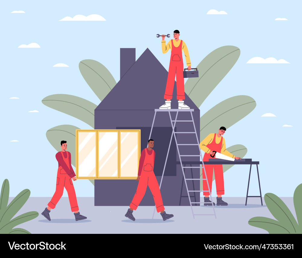 Home renovation scene cartoon workers characters Vector Image