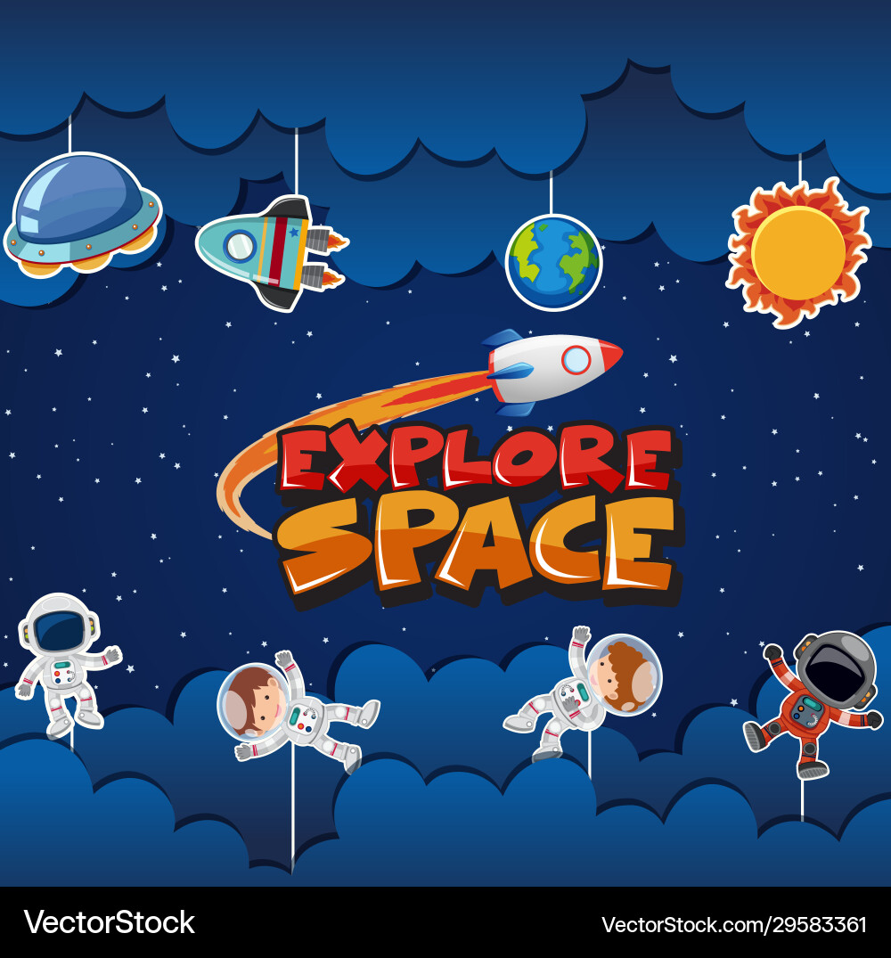 Poster design with many astronauts and planets Vector Image
