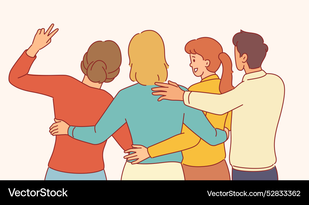 Happy friends group hug view from back Royalty Free Vector