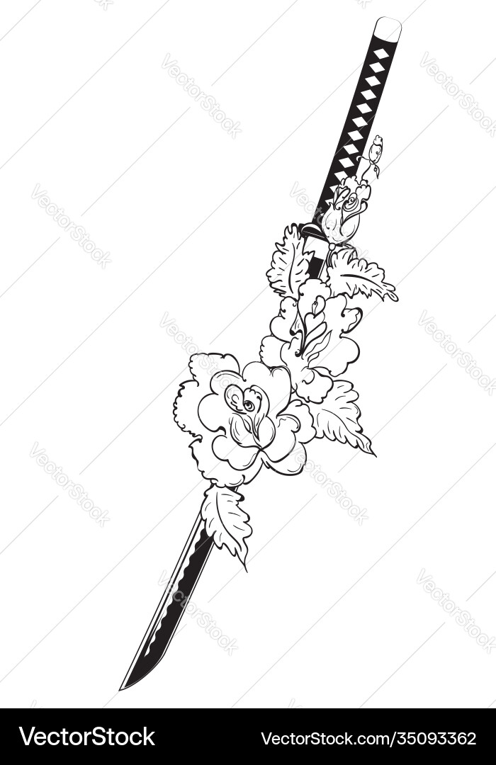 Katana with roses line art Royalty Free Vector Image