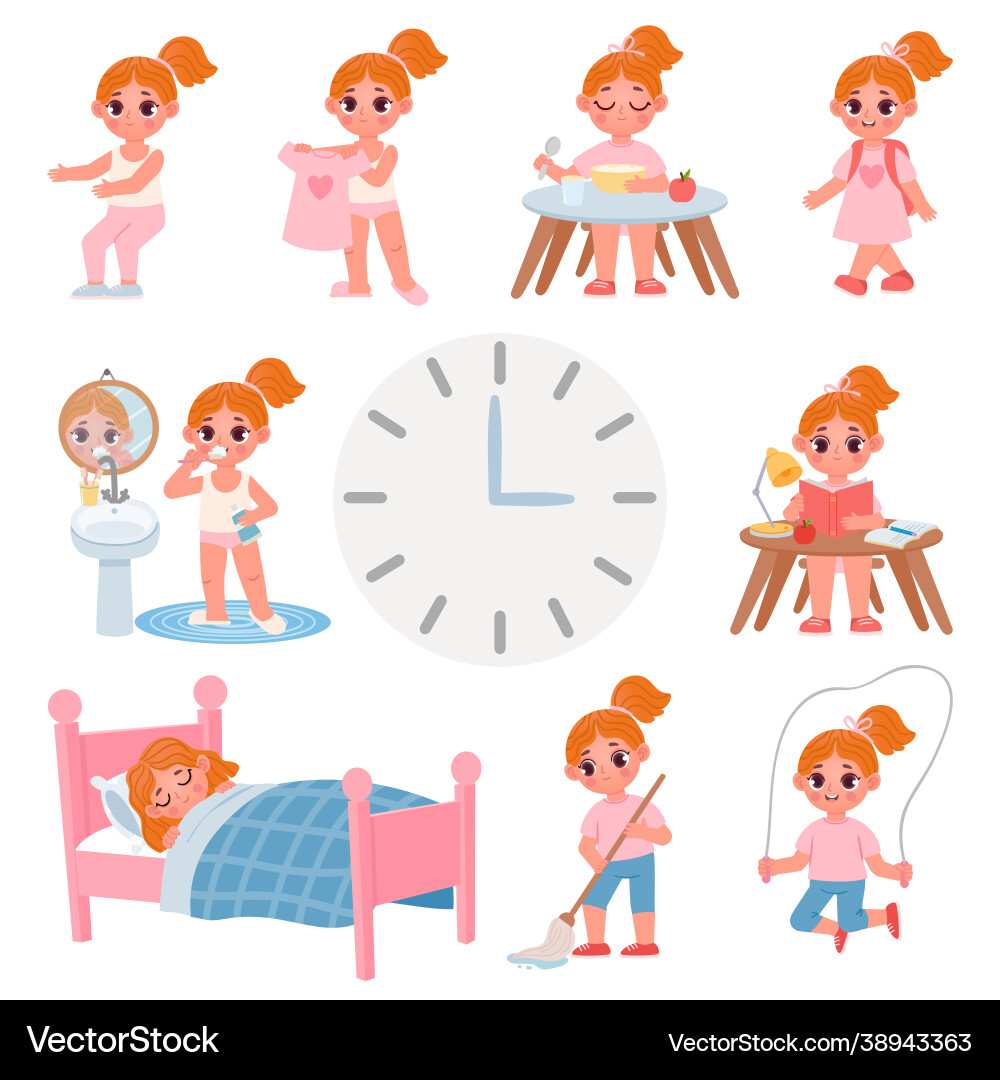 Cute little school girl day routine schedule Vector Image