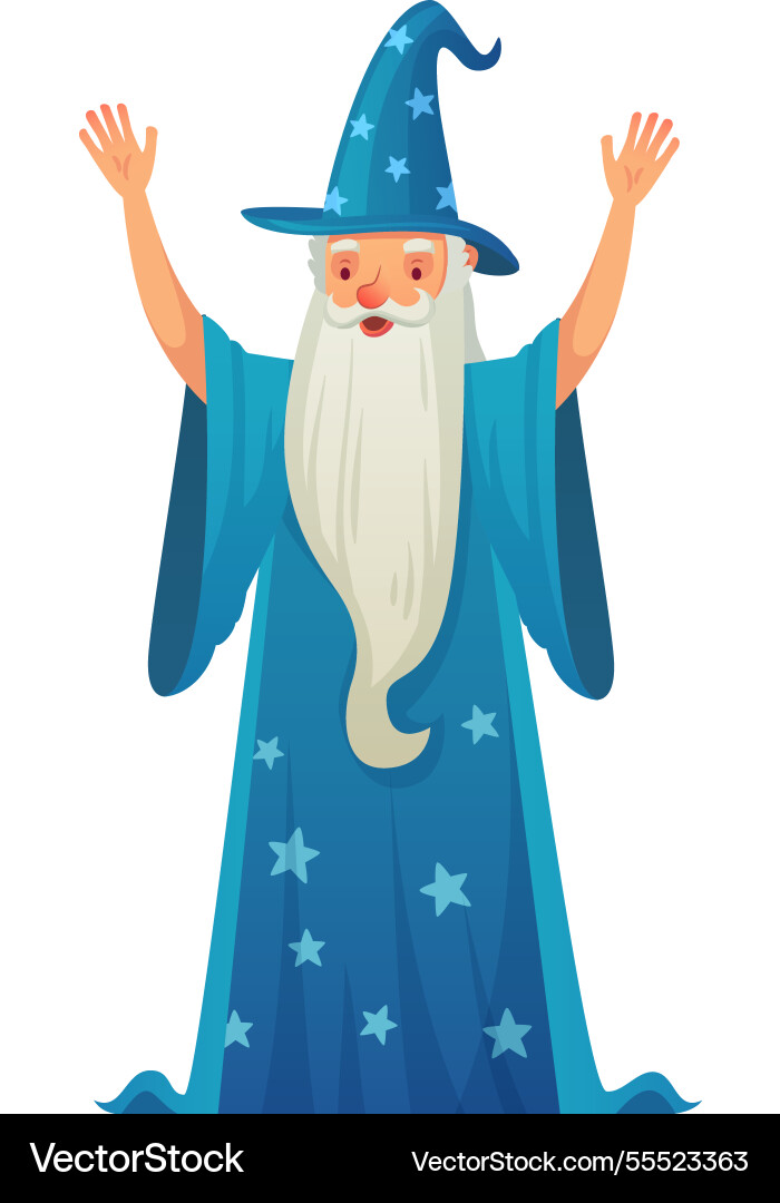 Old kind wizard with long white beard wearing blue