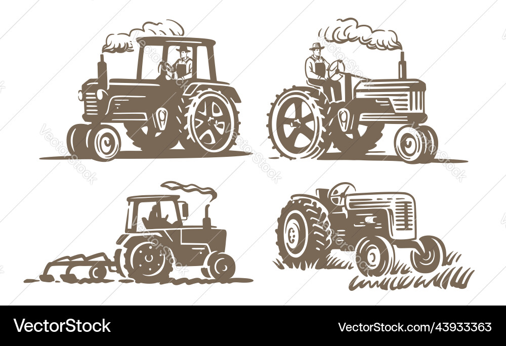 Old tractor set farmer driver Royalty Free Vector Image