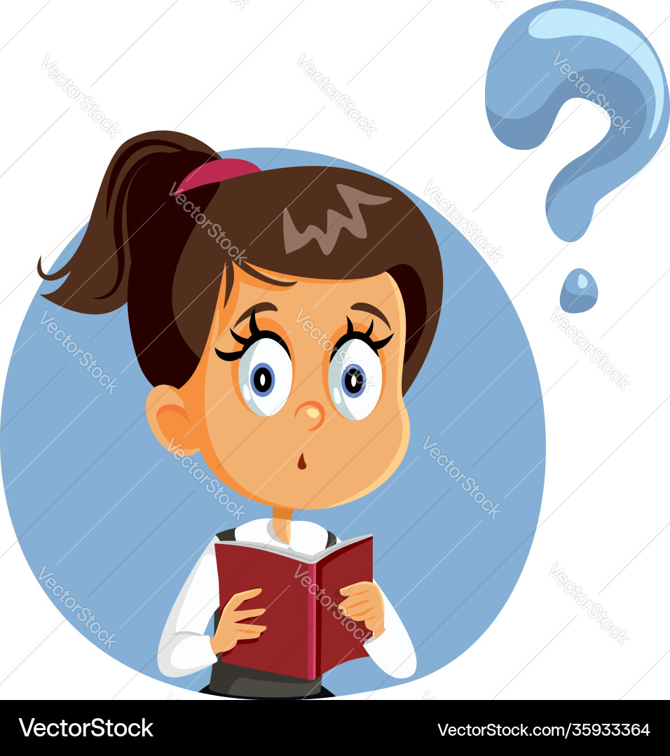 Student girl holding a book having questions Vector Image
