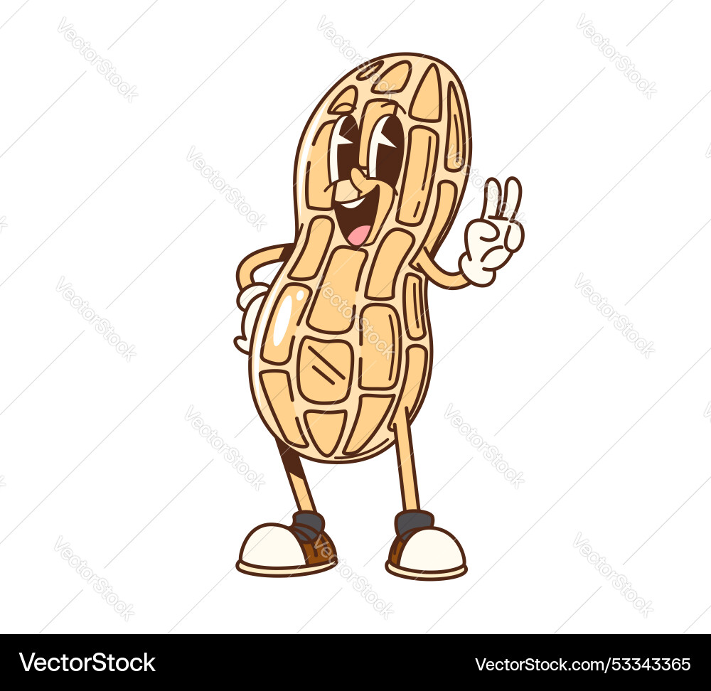 Cartoon groovy peanut nut flashing a peace sign Vector Image