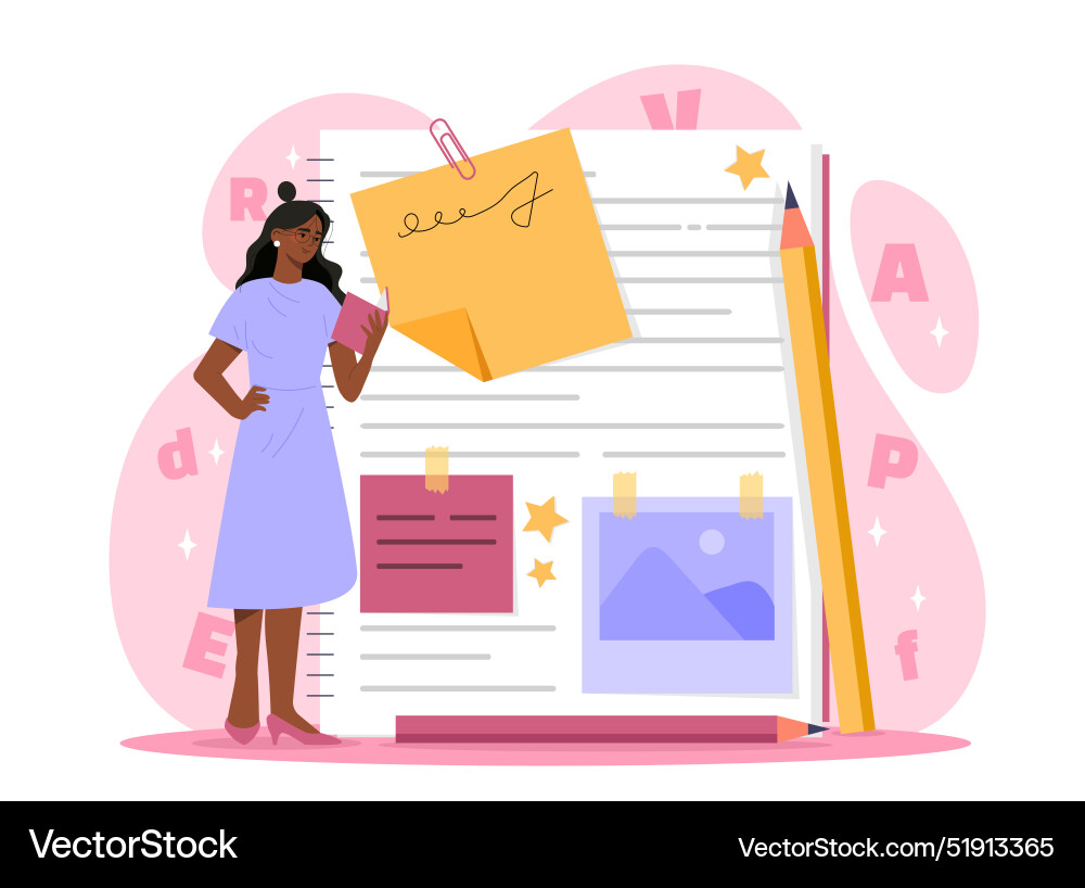 Girl with diary student writes down memories Vector Image