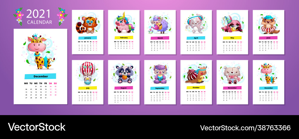 Calendar template 2021 with cute animal characters