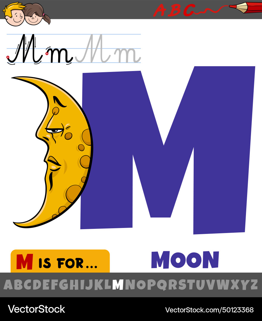 Letter m from alphabet with cartoon moon character