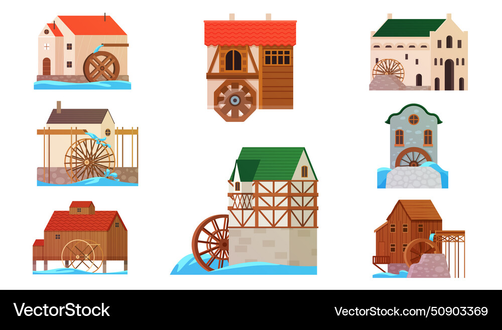 Old watermills set vintage traditional stone Vector Image