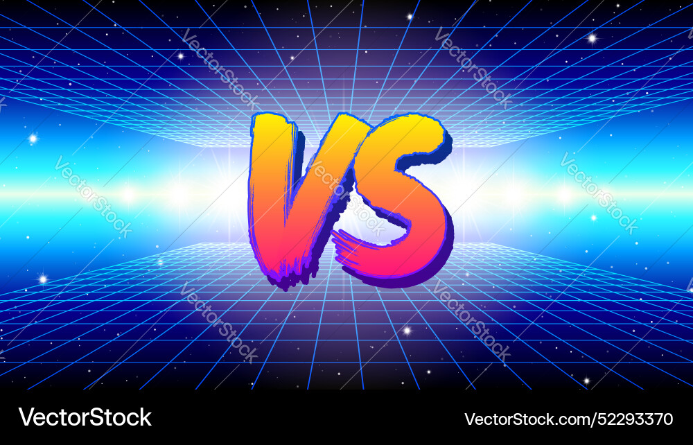 Vs sign in 80s game style with synthwave landscape
