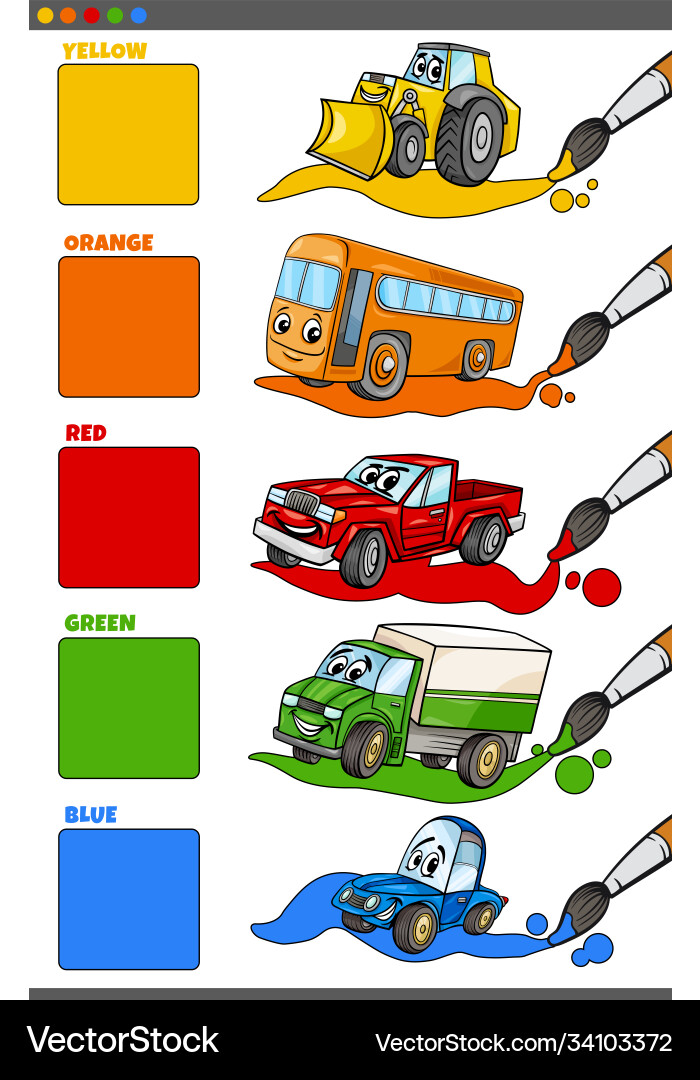Basic colors set with cartoon vehicle characters Vector Image