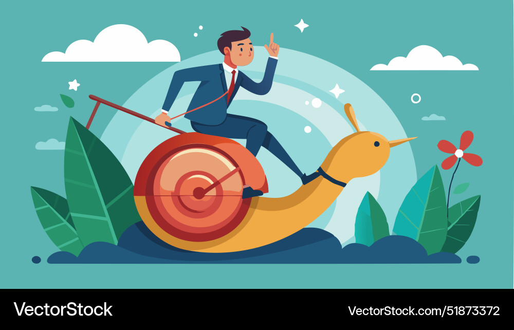 Businessman slow progress on snail mount Vector Image