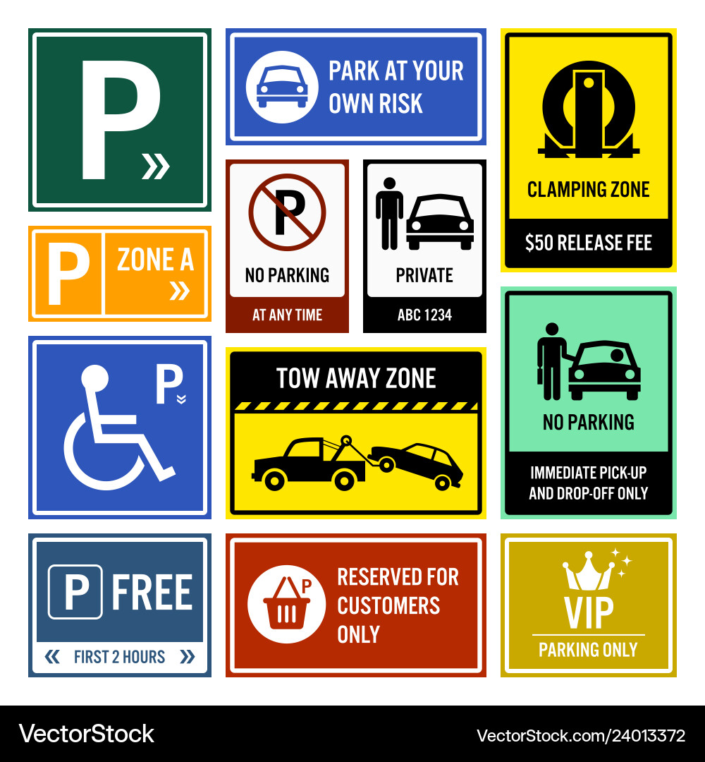 Car park parking signs signboards a set Royalty Free Vector
