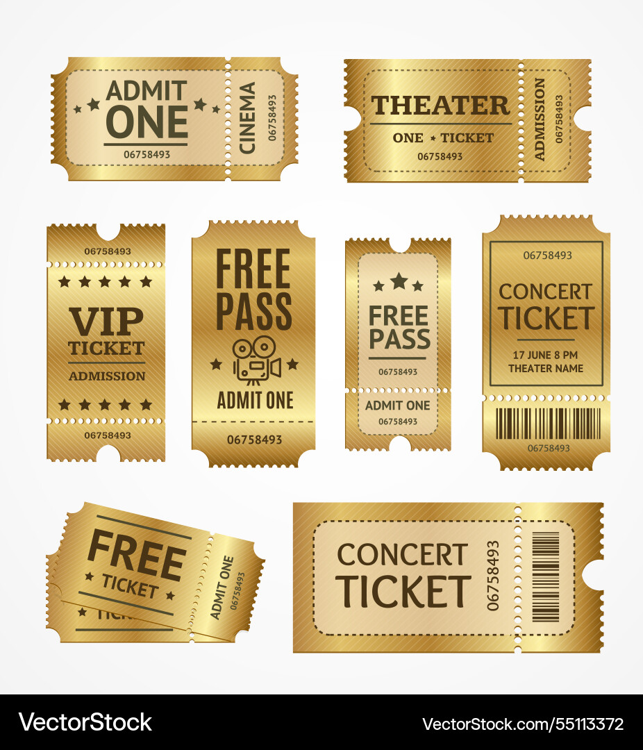 Realistic detailed 3d golden tickets set Vector Image