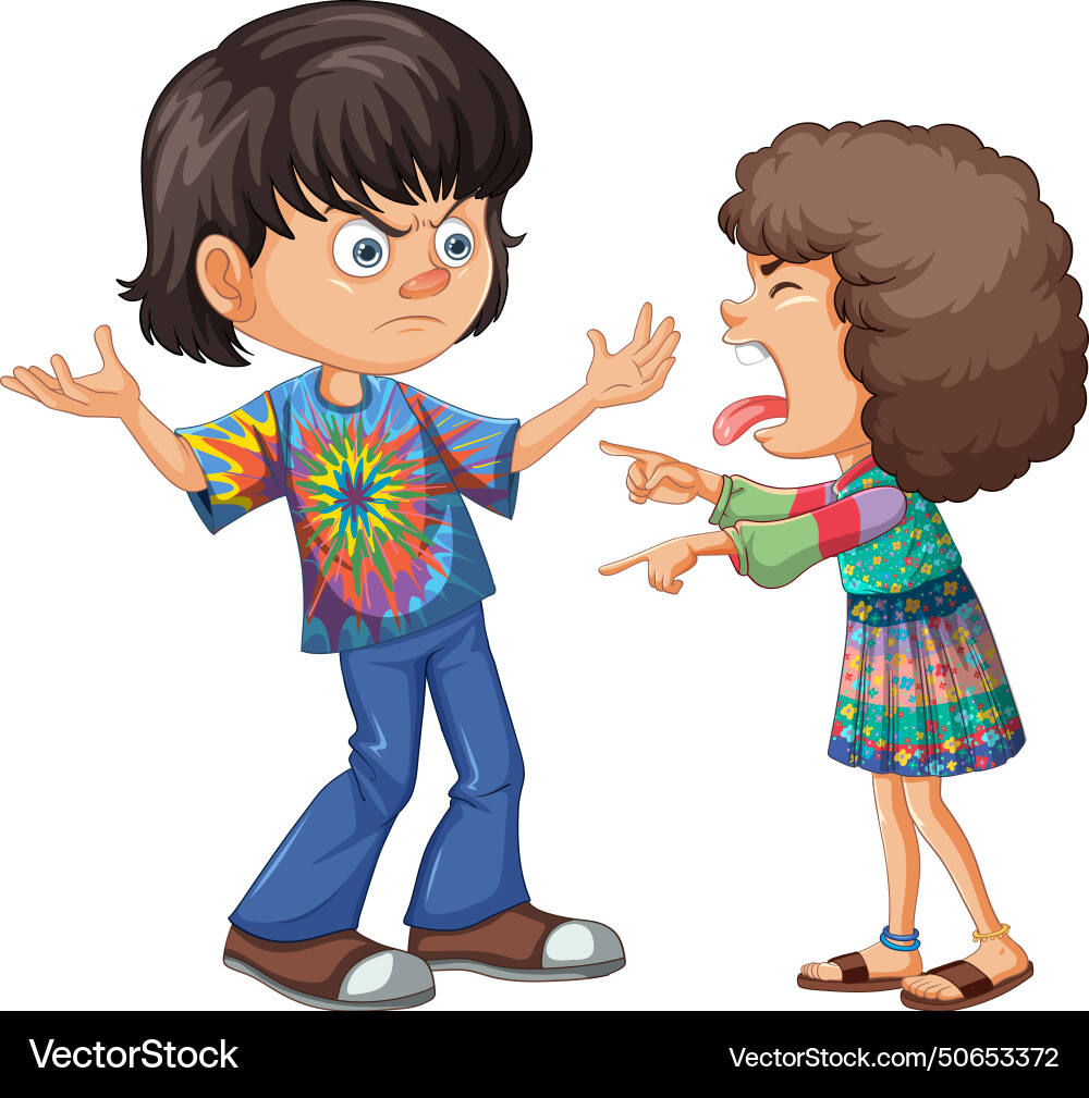 Two cartoon children arguing showing frustration Vector Image