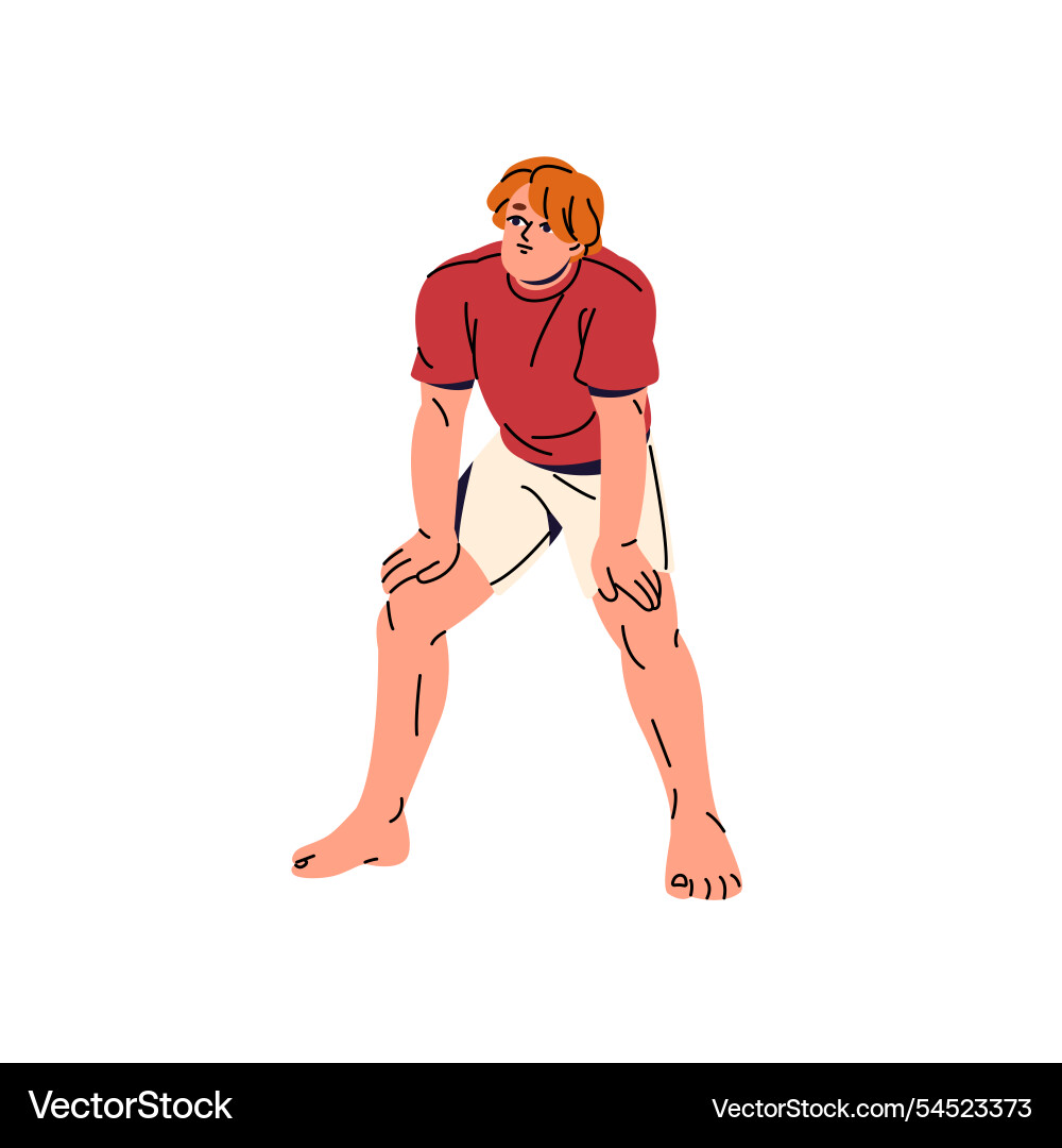 Glücklicher junger Mann steht in einer Pose mager auf Knien