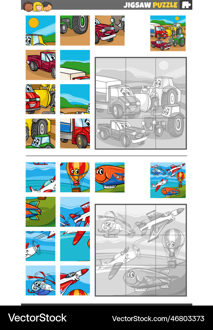 Jigsaw puzzle game set with cartoon vehicle Vector Image