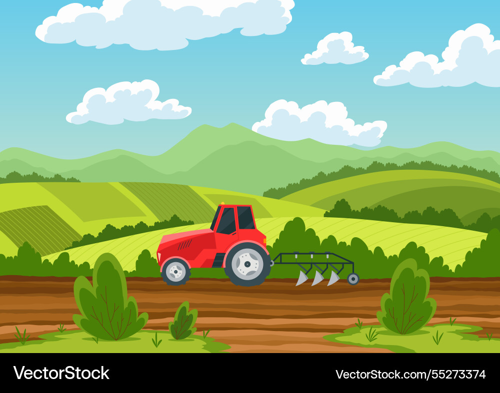 Agricultural Landscape with Tractor Royalty Free Vector