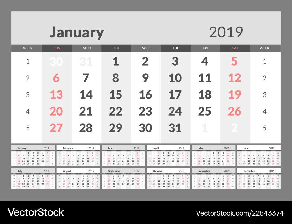 Calendar for the 2019 new year printable Vector Image