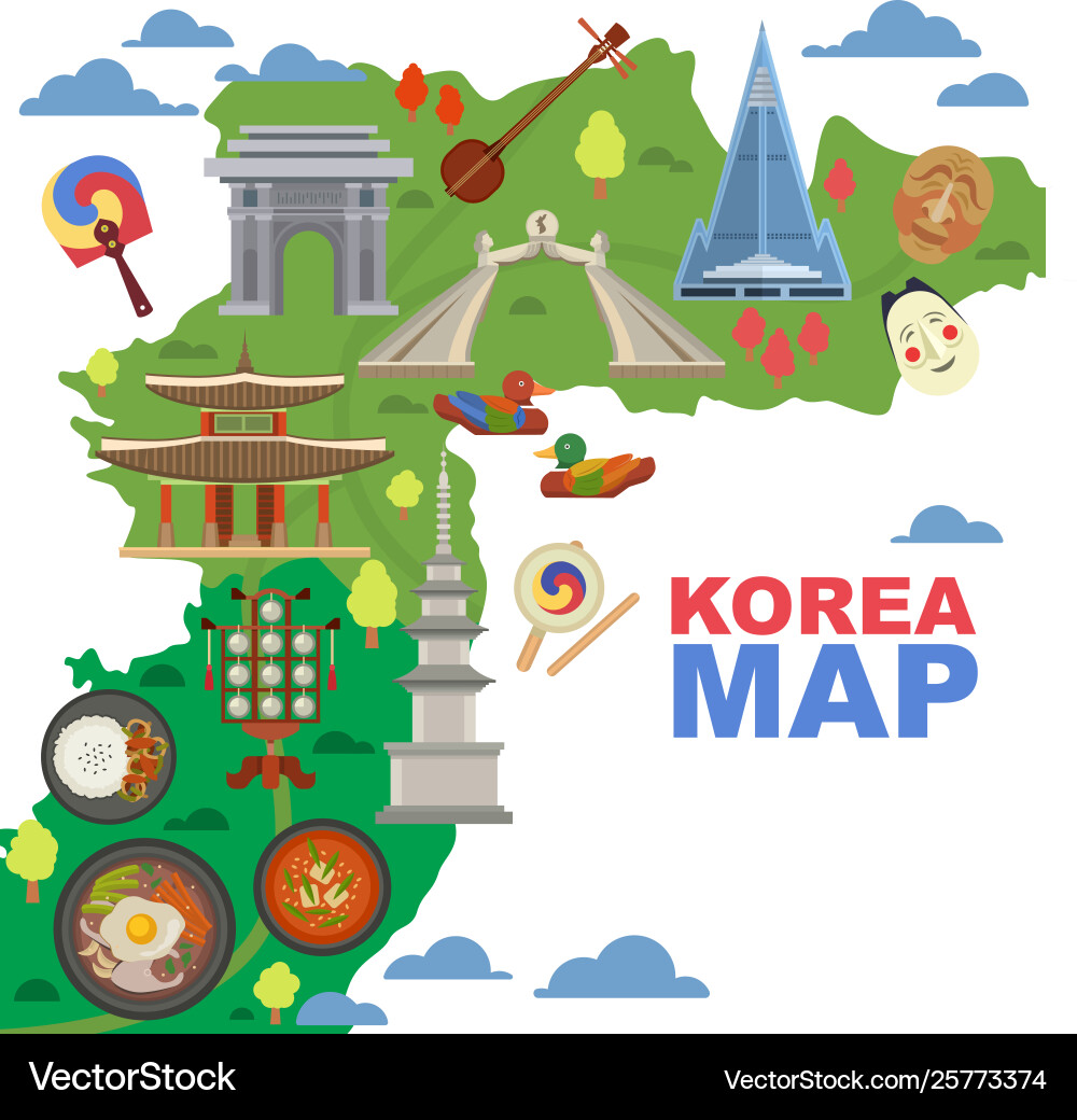 Korea map korean characters culture Royalty Free Vector